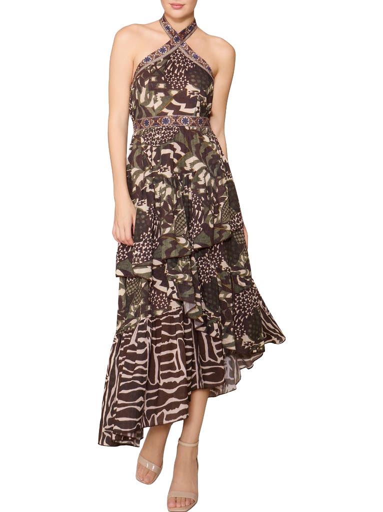 MELLODAY MELLODAY Mixed Print Tiered Asymmetric Hem Halter Dress